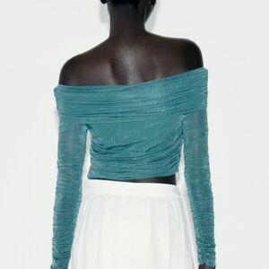 Zara | Tops | Zara Off The Shoulder Ruched Organza Turquoise Top | Poshmark